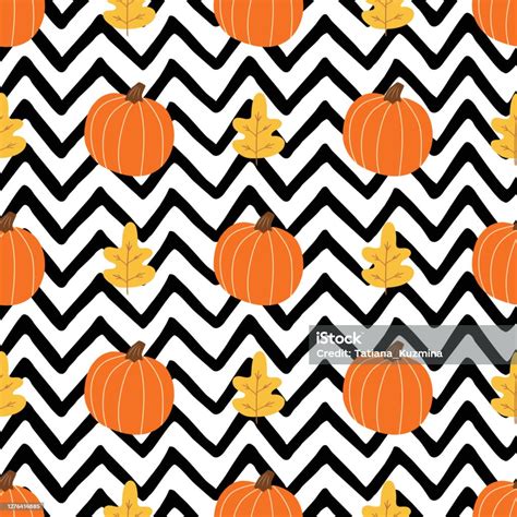 오렌지 호박 단풍은 검은 지그재그 라인 배경에 단풍 간단한 할로윈 원활한 패턴 가리기에 대한 스톡 벡터 아트 및 기타 이미지 가리기 가을 검은색 Istock
