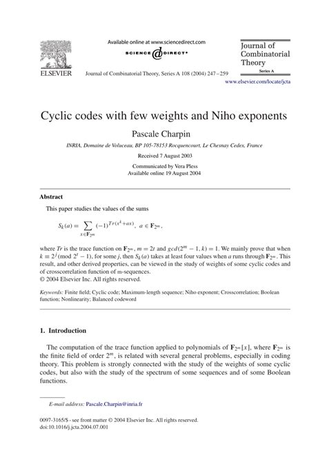 Pdf Cyclic Codes With Few Weights And Niho Exponents