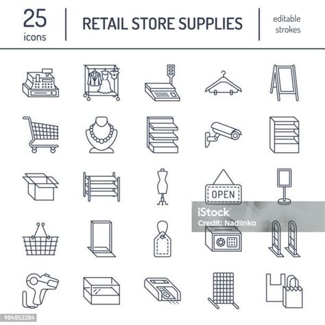 소매 상점 라인 아이콘을 제공합니다 가 게 장비 표시 무역 상업적인 개체금전 등록기 바구니 저울 쇼핑 바구니 선반 디스플레이