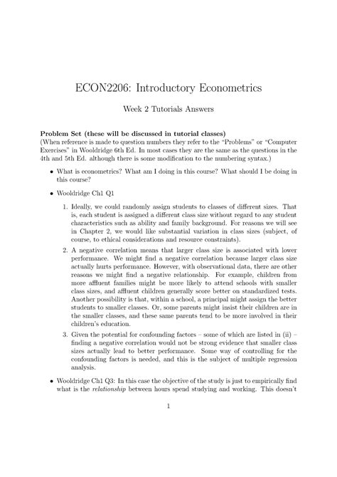 Econ Week2 Answers Econ2206 Introductory Econometrics Week 2 Tutorials Answers Problem Set