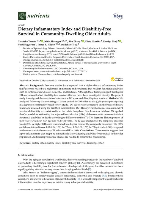 Pdf Dietary Inflammatory Index And Disability Free Survival In Community Dwelling Older Adults