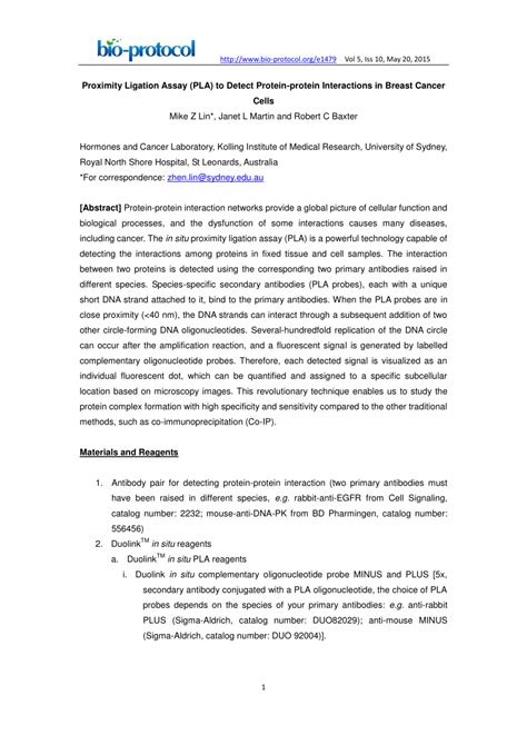 Pdf Proximity Ligation Assay Pla To Detect Protein Protein Interactions In Breast Cancer