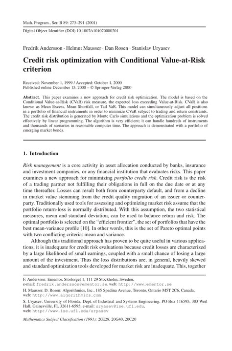 Pdf Credit Risk Optimization With Conditional Value At Risk Criterion