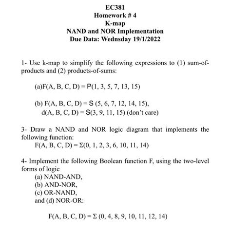Solved EC Homework K Map NAND And NOR Implementation Chegg