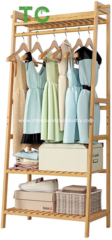 Wholesale Bamboo Clothes Rack Coat Stand Large Garment Rack With Top