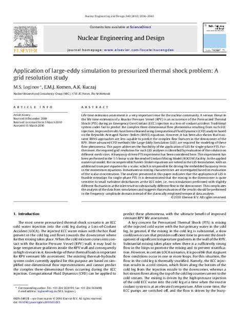 Pdf Application Of Large Eddy Simulation To Pressurized Thermal Shock Assessment Of The Accuracy
