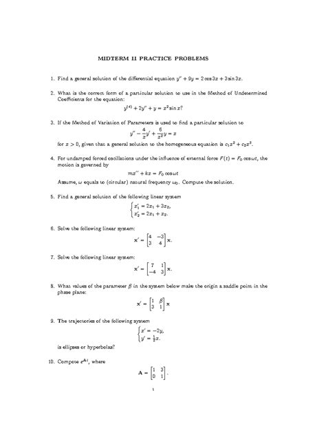 Midterm Ii Practice Midterm Ii Practice Problems Find A General Solution Of The Differential
