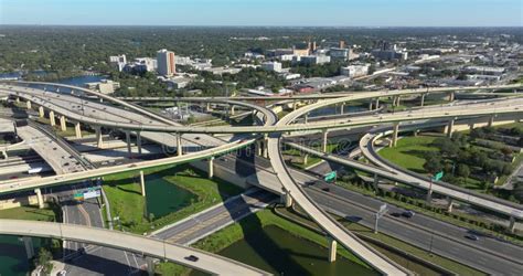 Complex Highway Overpass Elevated Direction Lanes With Busy Traffic In