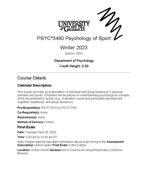 Outline PSYC DE W Final PSYC Psychology Of Sport Winter Section DE