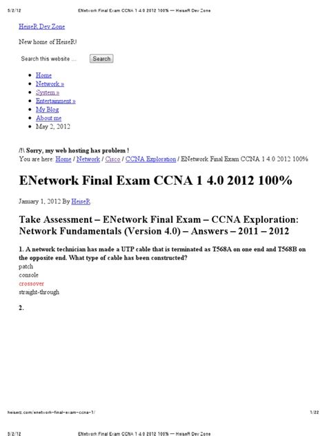 Enetwork Final Exam Ccna 1 4 Pdf Transmission Control Protocol Computer Network