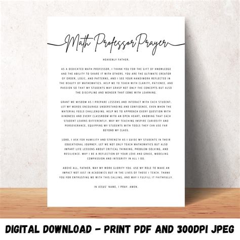 Math Professor Prayer Printable Faith Based Classroom Decor Christian