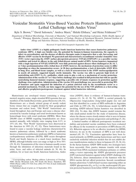 Pdf Vesicular Stomatitis Virus Based Vaccine Protects Hamsters Against Lethal Challenge With