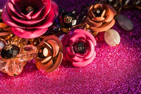 Jewelry Background With Luxury Flowers On Pink Glitter Stock Image