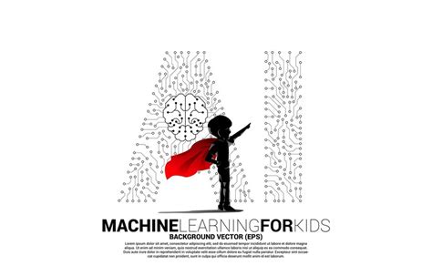 도트 연결 선 모양의 Ai와 두뇌 아이콘 센터가 있는 슈퍼히어로 복장을 한 아이의 실루엣 미래를 위한 기계 학습 및 인공 지능에 대한 개념 프리미엄 벡터