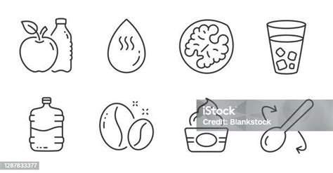 애플 뜨거운 물과 얼음 차 아이콘 세트 커피 콩 쿨러 병 및 아이스크림 표지판 벡터 냉동식품에 대한 스톡 벡터 아트 및 기타