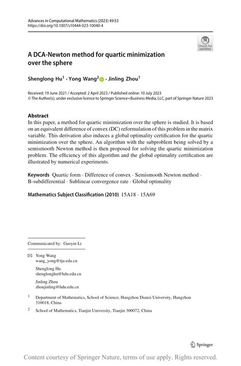 A Dca Newton Method For Quartic Minimization Over The Sphere Request Pdf