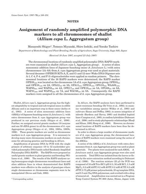 Pdf Assignment Of Randomly Amplified Polymorphic Dna Markers To All Chromosomes Of Shallot