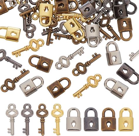 64 Pcs 8 Styles Mini Alloy Lock Key Charms Super Tiny Lock Pendants