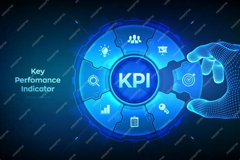 Kpi 가상 화면의 핵심 성과 지표 비즈니스 및 산업 분석 기술 개념 와이어프레임 손으로 Kpi를 시각화하는 컴포지션에