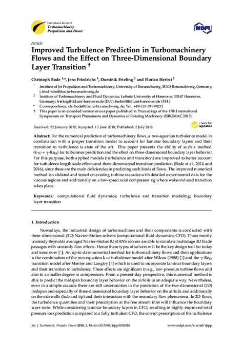 Pdf Improved Turbulence Prediction In Turbomachinery Flows And The Effect On Three Dimensional
