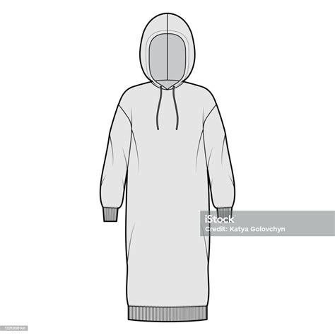 드레스 후드 기술 패션 일러스트와 긴 소매 리브 커프 오버사이즈 바디 무릎 길이 스커트 플랫 의류 0명에 대한 스톡 벡터 아트 및 기타 이미지 Istock