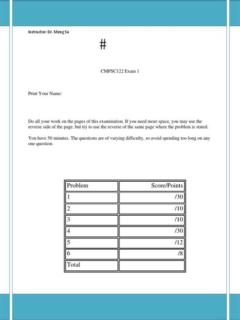 Sample Exam 1 Computer Science Pdf C Programming Language Class