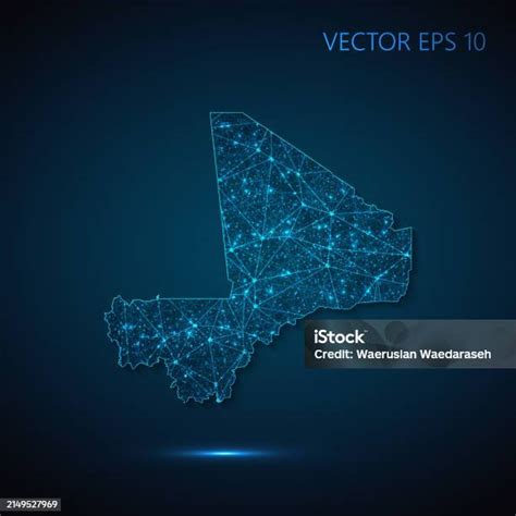 다각형 와이어 프레임 메쉬와 진한 파란색 배경에 연결된 선으로 별이 빛나는 하늘 형태의 선과 밝은 점으로 만든 말리지도입니다 0명에 대한 스톡 벡터 아트 및 기타 이미지