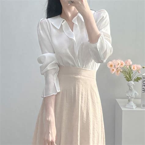 아이스크루 주문폭주당일배송🚀 에즈미 긴팔 꽃잎 시스루 프릴 레이어드 쉬폰 블라우스 오피스룩 데일리 하객룩 오피스룩 팔뚝살커버