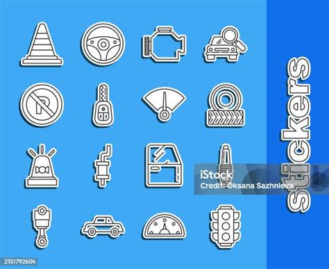 라인 신호등 자동차 점화 플러그 바퀴 엔진 점검 리모컨이 있는 키 주차 또는 정지 금지 원뿔 및 속도계 아이콘을 설정합니다 벡터