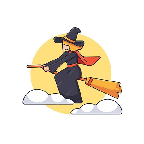 Premium Vector Cute Icon Illustration Halloween Witch Flying On Broom