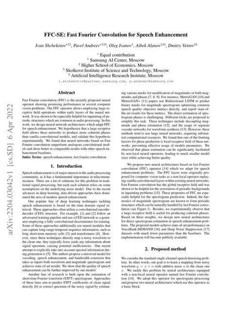 Pdf Ffc Se Fast Fourier Convolution For Speech Enhancement