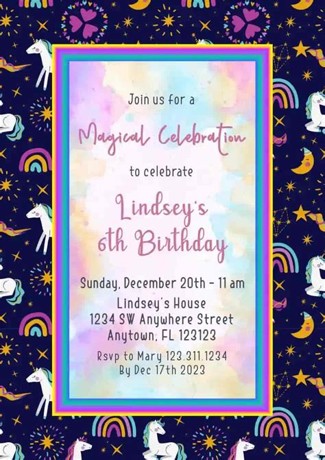 마법의 유니콘 무료 어린이 생일 초대장 템플릿 Invitanku