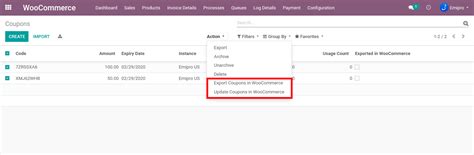 Export Update Coupons Odoo Woocommerce Connector By Emipro