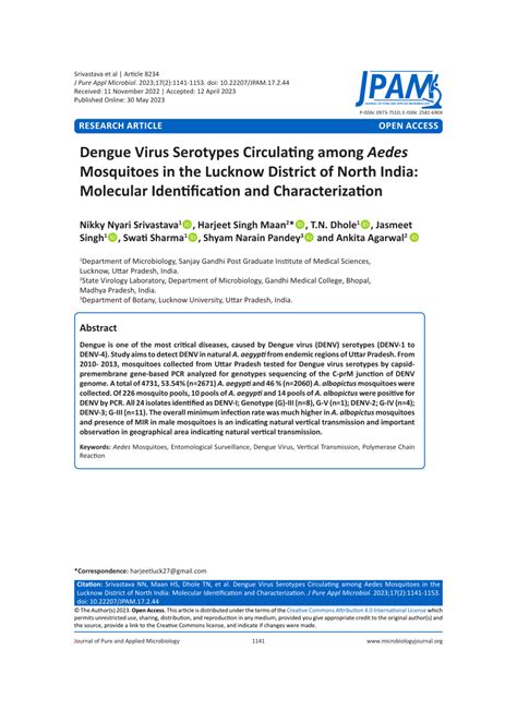 Pdf Dengue Virus Serotypes Circulating Among Aedes Mosquitoes In The Lucknow District Of North