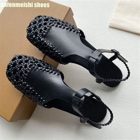 Flat Genuine Leather Woven Sandals Womens Hemp Rope Square Toe Summer
