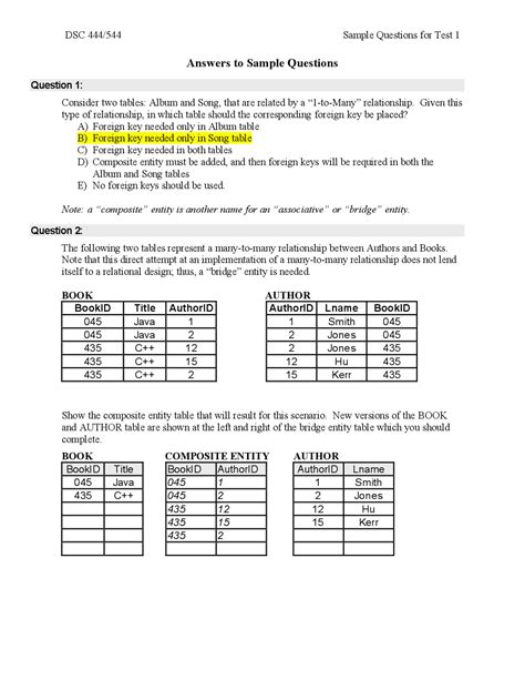 sample questions for test 1 business management system dsc 444 exams database management