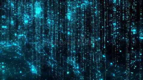 Digital Matrix With Glowing Blue Binary Code Rain Background Stock