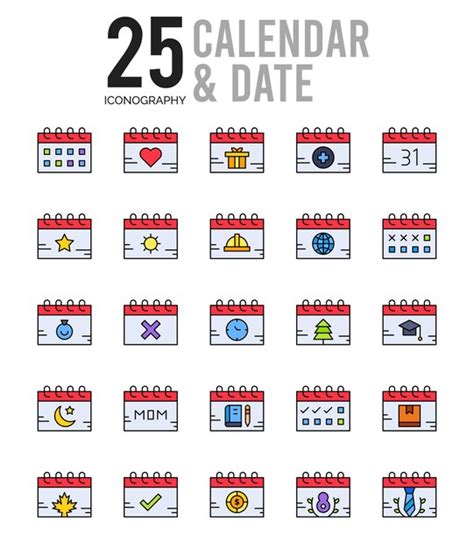 25 Kalender Und Datums Lineal Farbsymbolpaket Vektorillustration