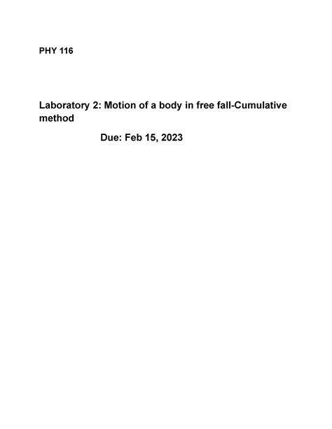 Phy 116 Lab 2 4 Na Phy 116 Laboratory 2 Motion Of A Body In Free Fall Cumulative Method