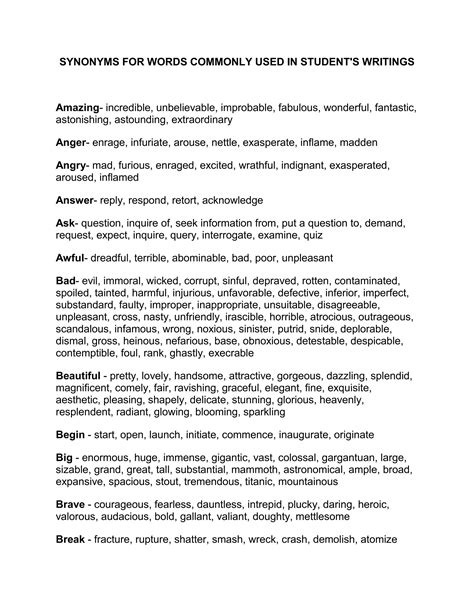 Synonyms For Words Commonly Used In Student Docx