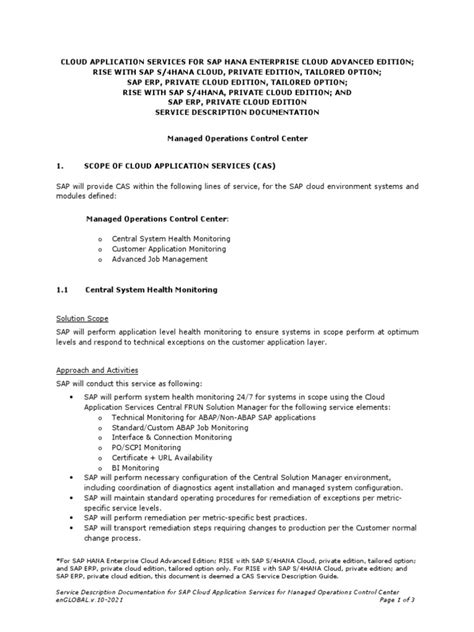 Sap Cloud Application Services Managed Operations Control Center English V10 2021 Pdf