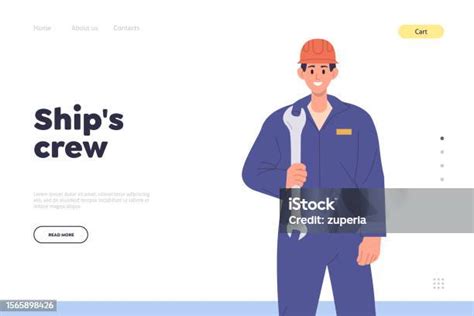 선박 승무원 수리 서비스 랜딩 페이지 디자인 템플릿은 유니폼 홀딩 렌치에 해양 정비사와 함께 기계공에 대한 스톡 벡터 아트 및