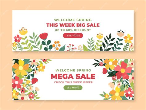 평면 꽃 봄 판매 가로 배너 서식 파일 무료 벡터