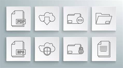 Set Line Eps File Document Cloud Download And Shield Folder Lock Document Folder With Minus And