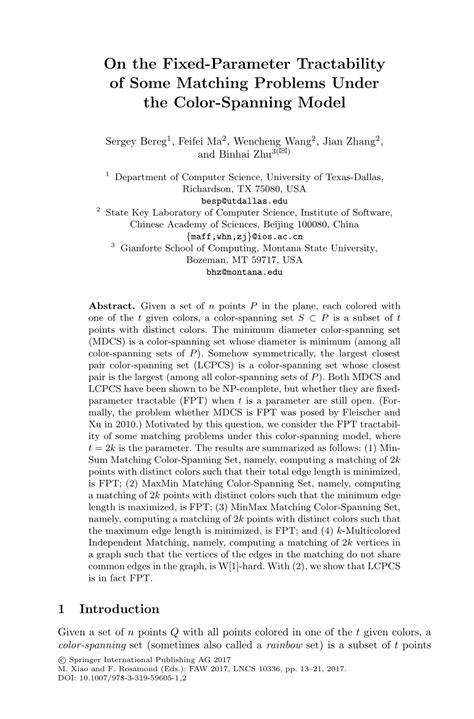 Pdf On The Fixed Parameter Tractability Of Some Matching Problems