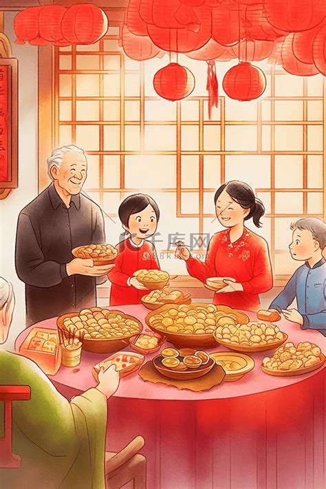 新年一家人团圆包饺子手绘插画图片 千库网