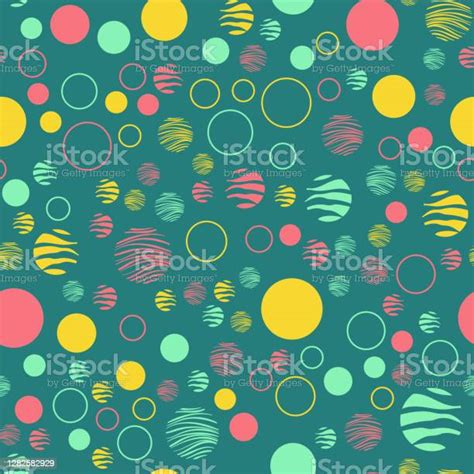 녹색 배경에 원 패턴 매끄러운 패턴 타일 심플한 디자인 배경 기하학적 장식 질감 산호 노란색 파란색 플랫 벡터 일러스트레이션