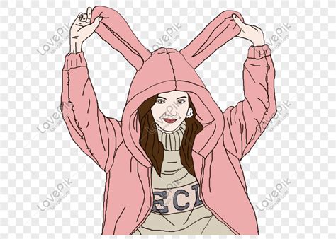 Wearing Warm Rabbit Ears Girl Sweater Coat Pink Png Image Free