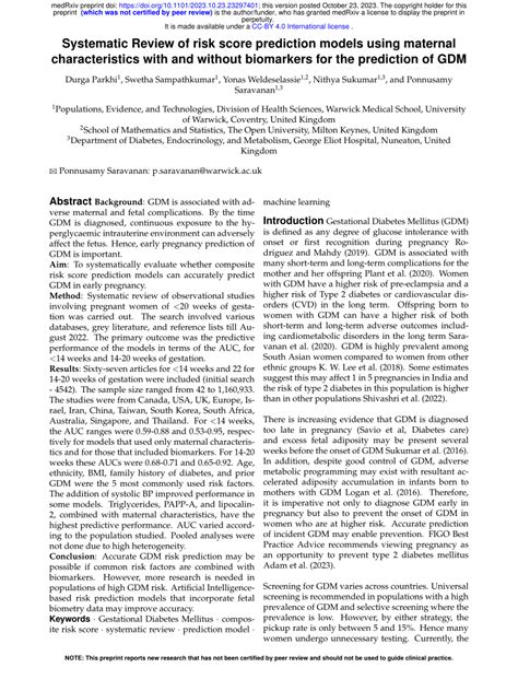 PDF Systematic Review Of Risk Score Prediction Models Using Maternal