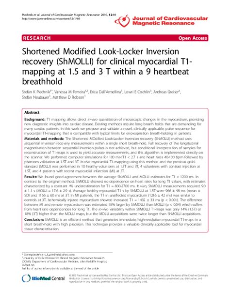Pdf Shortened Modified Look Locker Inversion Recovery For Myocardial T1 Mapping In Healthy